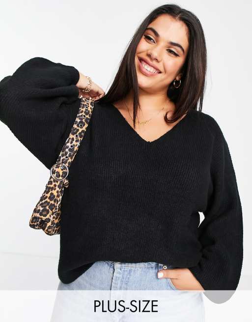 Threadbare Plus fluffy knit sweater in black | ASOS