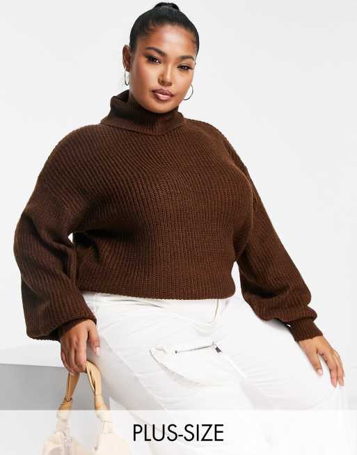 Threadbare Plus Grace roll neck sweater in chocolate brown | ASOS