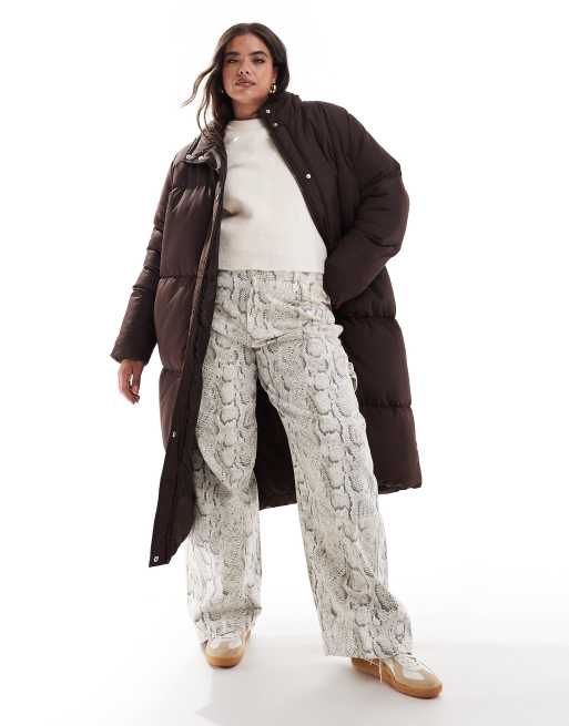 Threadbare Plus Jodie Maxi Puffer Coat With Hood In Brown Asos