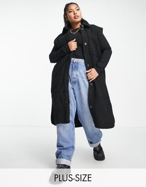 Threadbare Plus Nihal boucle longline gilet in black | ASOS