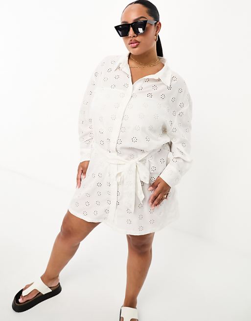 Threadbare Plus - Overhemdjurk met broderie en gestrikte taille in wit ... Threadbare Plus - Overhemdjurk met broderie en gestrikte taille in wit ...