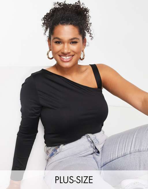 Threadbare Plus super stretch one sleeve bodysuit in black | ASOS