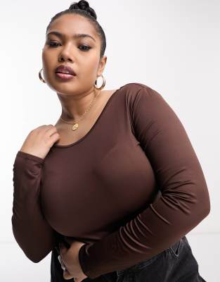 Threadbare Plus super stretch scoop back bodysuit in brown | ASOS