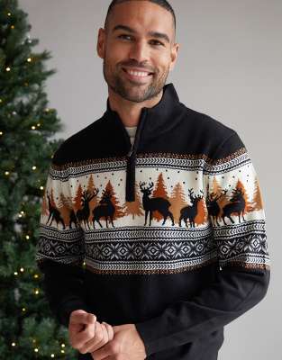 Threadbare Quarter zip christmas knitted jumper in black | ASOS