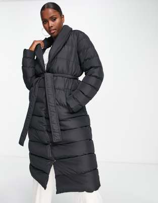 Threadbare Rose shawl neck maxi puffer coat in black | ASOS