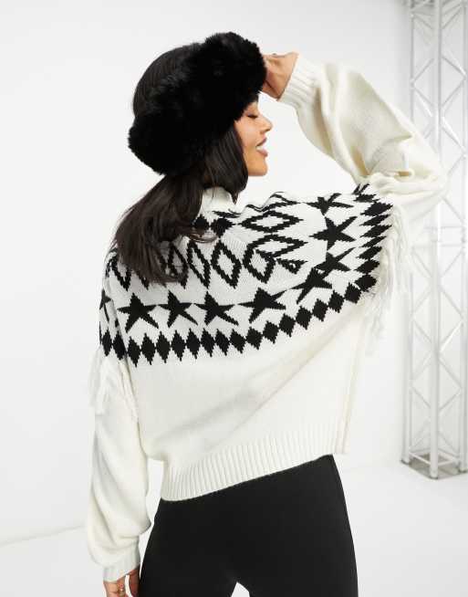 Threadbare Ski high neck printed jumper with fringing in monochrome | ASOS