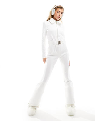 Threadbare Ski wide leg zip through belted jumpsuit in white | ASOS