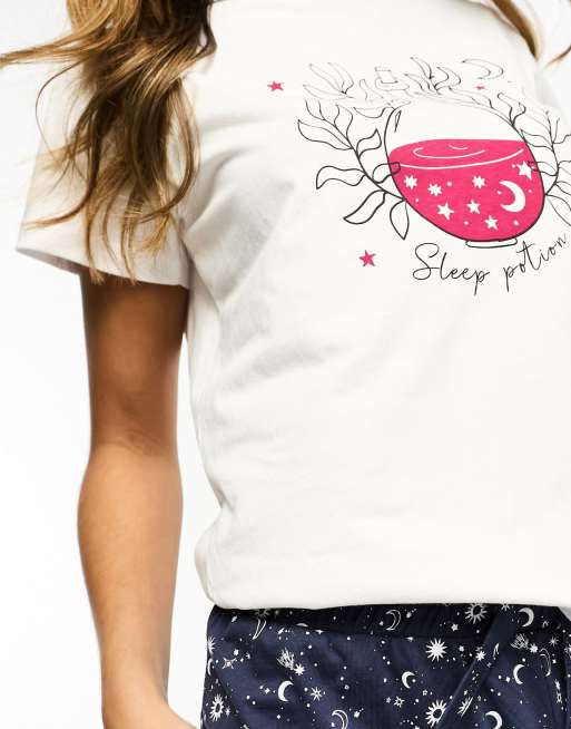 Threadbare sleep potion t-shirt and trousers pyjama set in white and ...