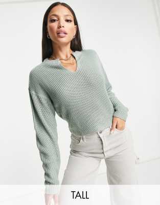 Threadbare Tall Laurel Notch Neck Cropped Sweater In Sage Green | ModeSens