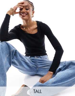 Threadbare Tall ribbed square neck long sleeve bodysuit in black | ASOS