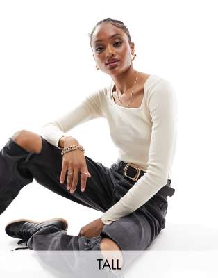 Threadbare Tall ribbed square neck long sleeve bodysuit in ecru | ASOS