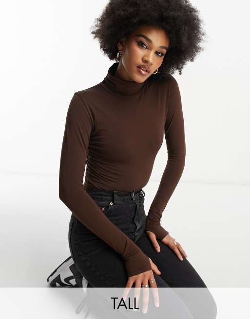 Threadbare Tall roll neck long sleeve bodysuit in chocolate brown | ASOS
