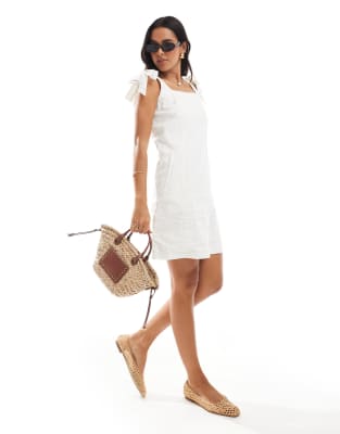Threadbare Tie strap linen blend mini shift dress in white | ASOS