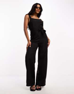 Threadbare tie waist wide leg jumpsuit with adjustable straps in black ...