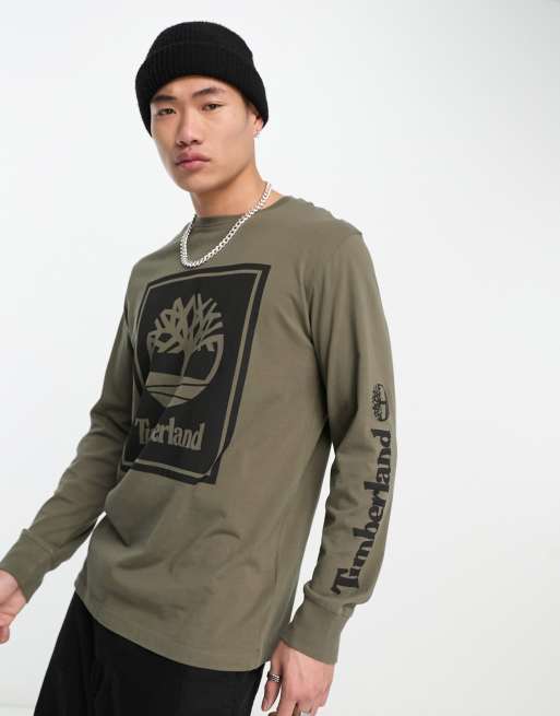 Timberland Front Stack Logo long sleeve t-shirt in khaki | ASOS