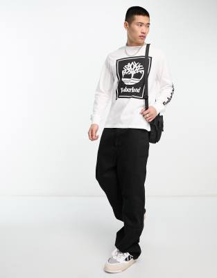 Timberland Front Stack Logo long sleeve t-shirt in white | ASOS