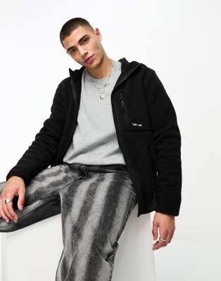 Timberland mix media sherpa fleece hooded jacket in black | ASOS