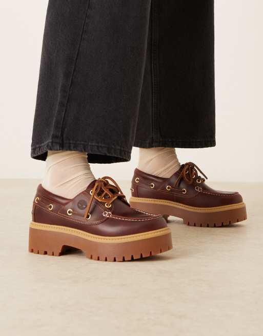 Timberland Premium – Bootsschuhe aus burgunderrotem Vollnarbenleder mit erhöhter Plateausohle ...