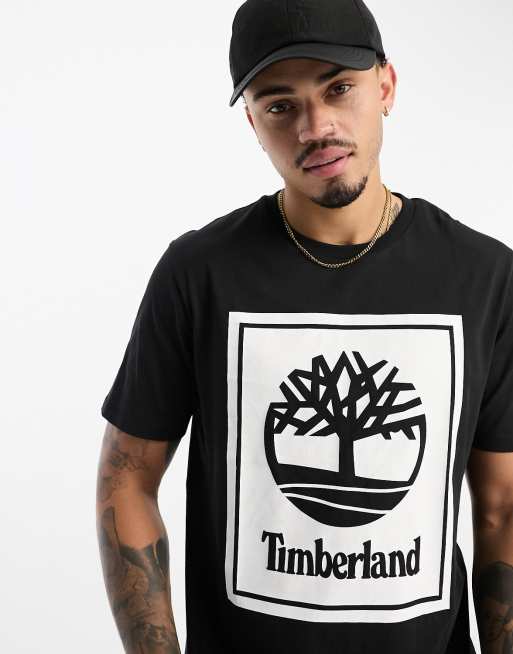 Timberland stack box logo t-shirt in black and white | ASOS