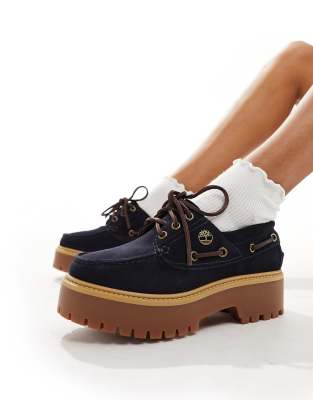 Timberland Stone Street 3 eye platform boat shoe in navy suede | ASOS
