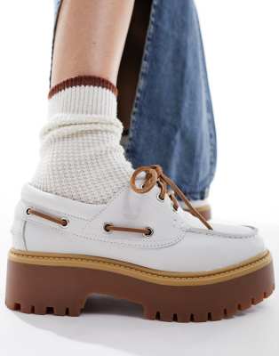 Timberland Stone Street 3 eye platform boat shoes in white leather | ASOS