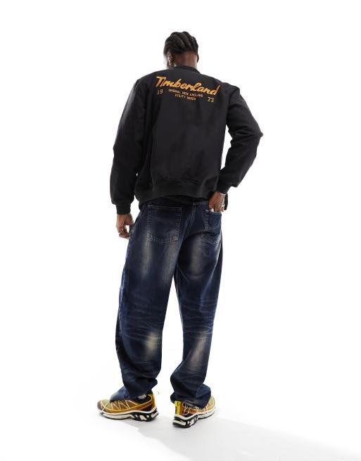 Timberland utility varsity bomber jacket with back print in black | ASOS
