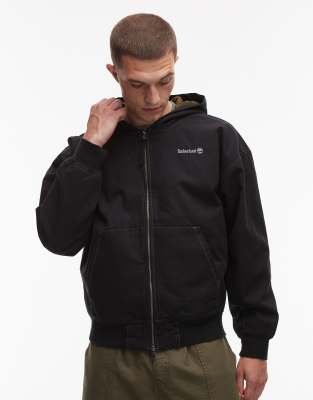 Timberland washed heavy canvas hooded bomber jacket in black | ASOS