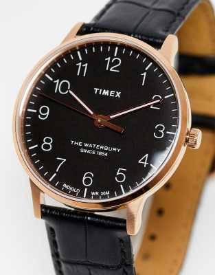 Timex Weekender leather strap watch in black | ASOS