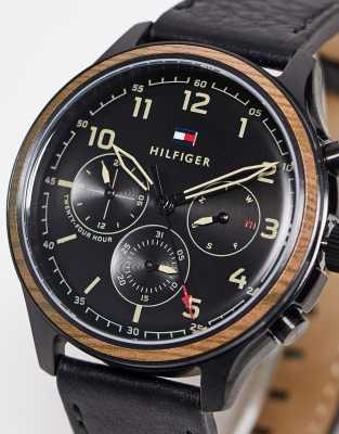 Tommy Hilfiger Asher multi dial watch with leather strap in black | ASOS