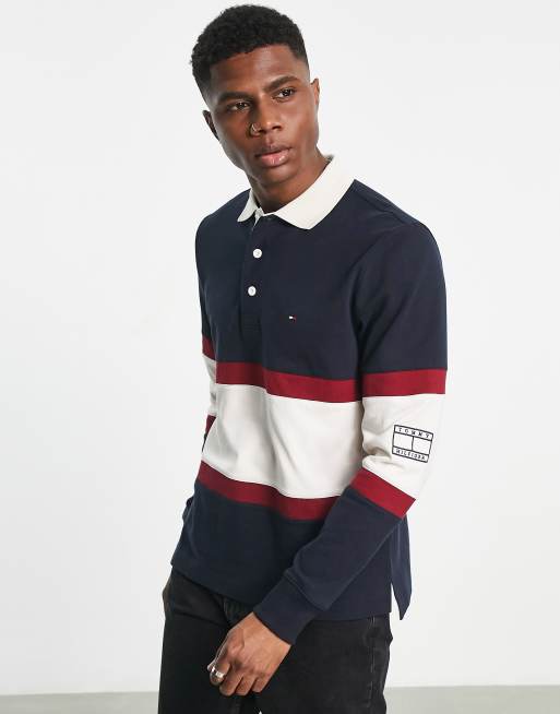 Tommy Hilfiger Rugby Polohemd in Marineblau mit Blockstreifen auf der Brust ASOS