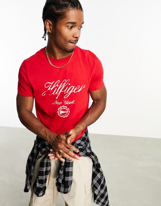 Tommy Hilfiger T Shirt in Rot mit ausgeblichener Schrift ASOS