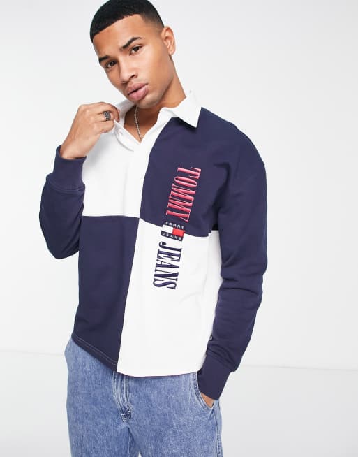 Tommy Jeans archive logo colourblock relaxed fit rugby polo in navy | ASOS