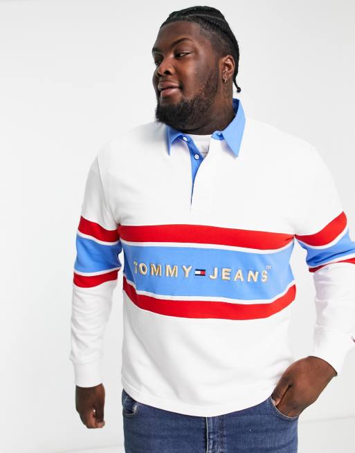 Tommy Jeans Big Tall Rugby Polohemd in WeiB mit Retro College Logo ASOS
