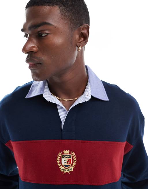 Tommy Jeans colourblock crest rugby top in navy