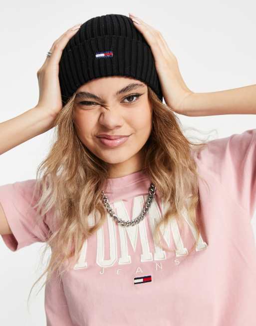 Tommy Jeans flag logo beanie hat in black | ASOS