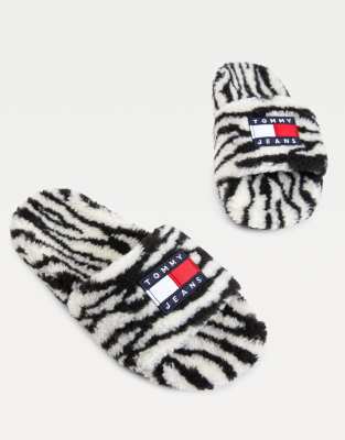 Tommy Jeans fluffy slides in zebra print-White | Smart Closet