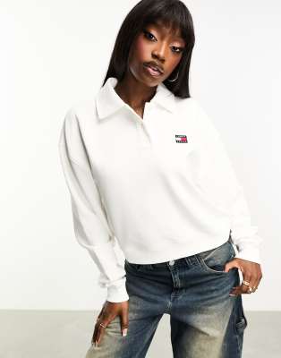 Tommy Jeans relaxed badge long sleeve rugby top in chambray white | ASOS