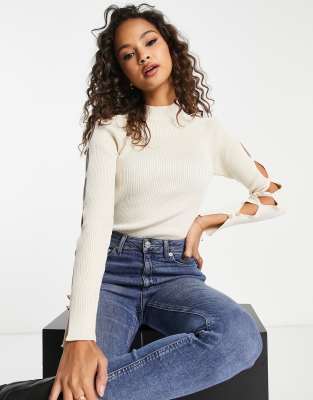 Top color crema de manga larga con aberturas de punto de New Look | ASOS