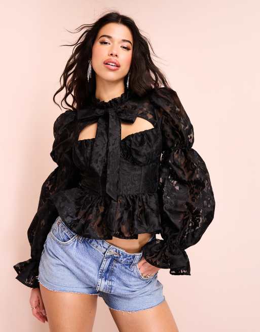 Top Negro Con Mangas Abullonadas Y Detalle De Lazada De Encaje De Asos