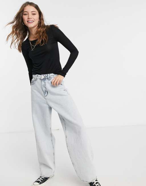 Top negro transparente de manga larga con cuello redondo de estilo ...