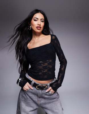 Top negro traslúcido con escote cuadrado de encaje de ASOS DESIGN | ASOS