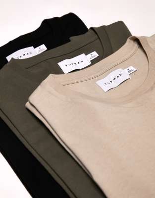 Topman 3 pack classic fit t-shirt in black, stone and khaki | ASOS