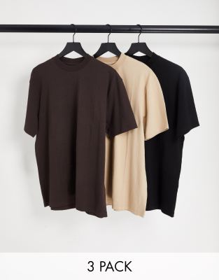 Topman 3 pack relaxed t-shirt in black, stone and brown | ASOS