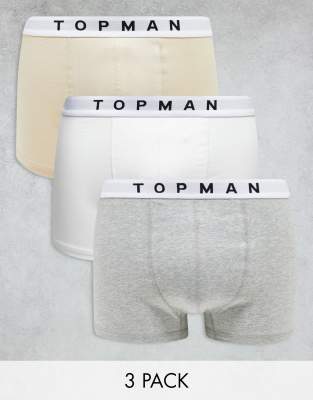 Topman 3 pack trunks in gray heather, white and stone | ASOS