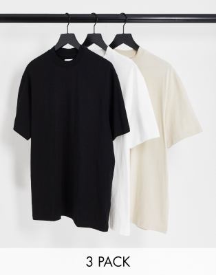 Topman – 3er-Pack T-Shirts in Weiß, Schwarz und Steinbeige mit Oversize ...