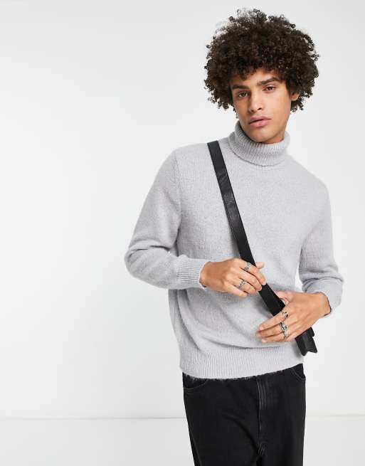 Topman brushed knitted roll neck jumper in light grey | ASOS