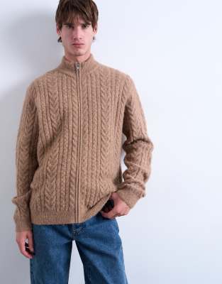 Cable knitted zip through funnel neck cardigan in tan | Topshop