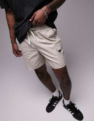 Topman cotton ripstop cargo short in stone | ASOS