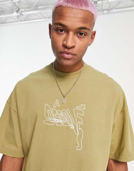 Topman Extreme Oversized T Shirt With Wavy Text Embroidery In Khaki Asos