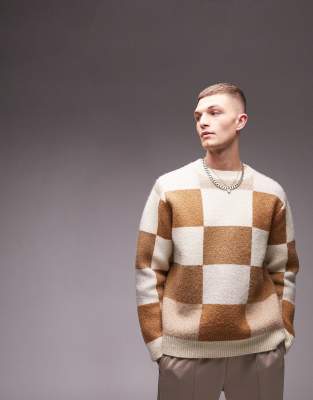 Topman fluffy knitted sweater with all over check in stone | ASOS
